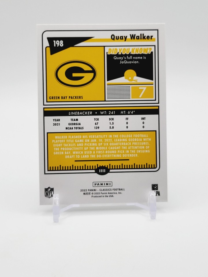 Quay Walker ROOKIE CARD 2022 Panini Classics #198 Green Bay Packers (RC ...