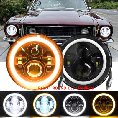 For Ford Mustang 1965-1978 7inch Round LED Headlights Halo DRL Angel ...