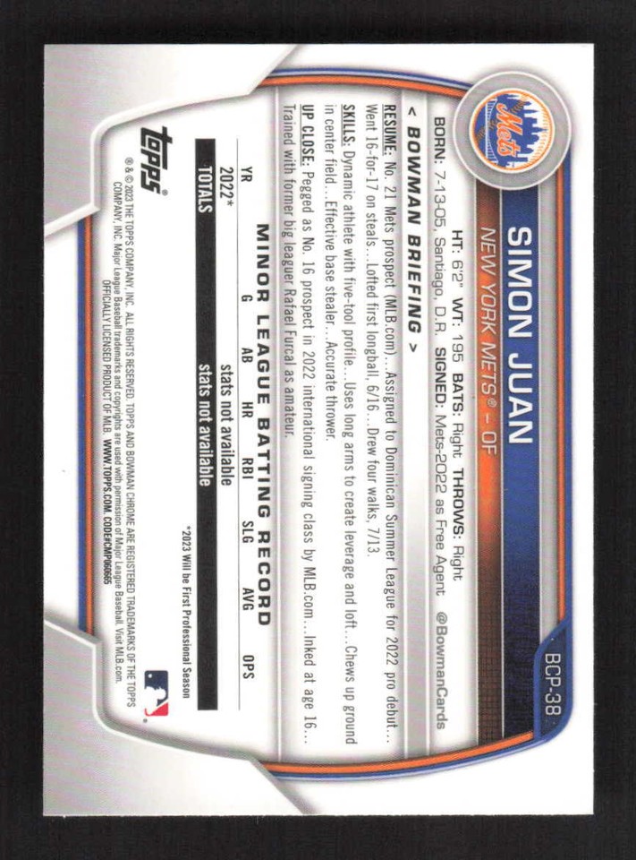 Simon Juan 2023 Bowman Chrome Prospects New York Mets #BCP-8 | eBay