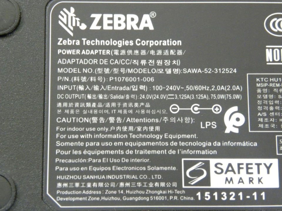 Zebra Genuine SAWA-52-312524 P1076001-006 75w 24v 3.125a AC Adapter Power Supply | eBay