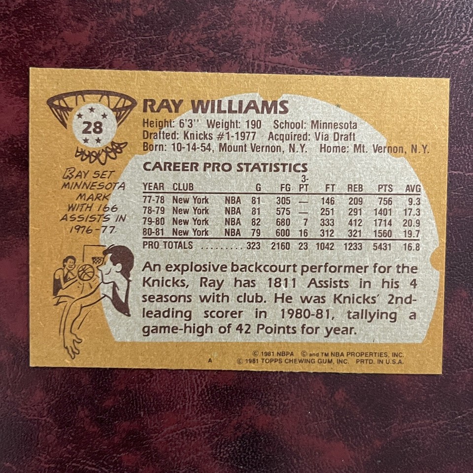 1981-82 Topps Set RAY WILLIAMS #28 N.Y. KNICKS - NM/MINT+ *HIGH GRADE ...
