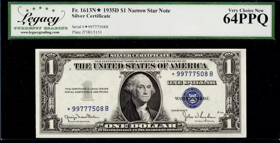 $1 1935-D Silver Cert. Fr. 1613N* *-B Narrow STAR BP# 5151 LCGS Vy Ch ...