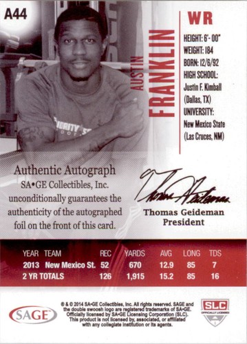 A7029- 2014 SAGE HIT Autographs #A44 Austin Franklin Auto - NM-MT | eBay