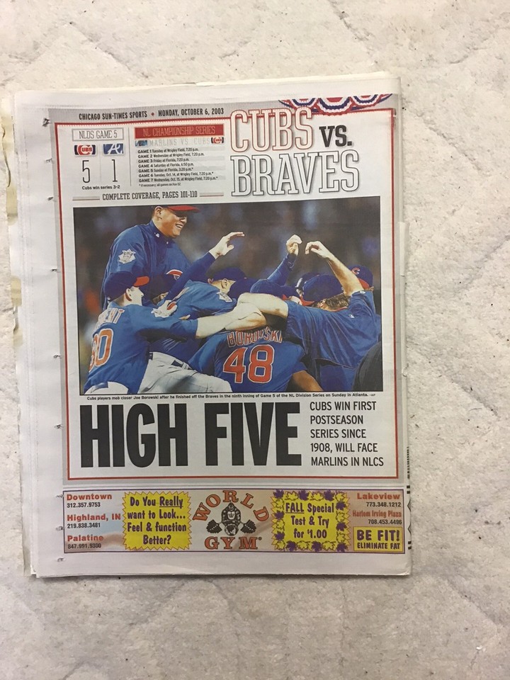 CHICAGO CUBS SUN TIMES PAPER 2003 CUBS WIN BEAT BRAVES IN 5 GAMES GREAT ...