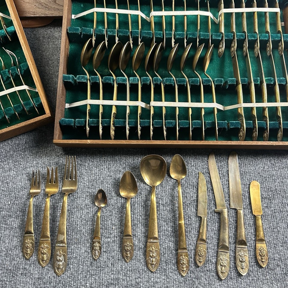 SIAM BRAND BRONZE BRASS VTG 144 Pcs FLATWARE SILVERWARE SET BOX | eBay