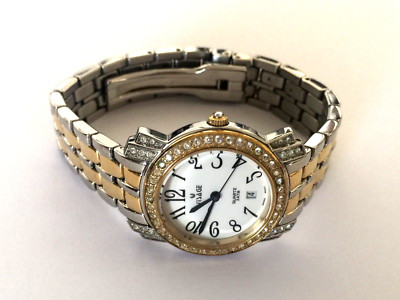 VISAGE TWO TONE WHITE DIAL CLEAR STONE LADIES WRIST QUARTZ WATCH ST ...