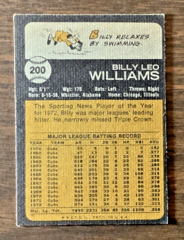 1973 Topps #200 Billy Williams Great Gift Sport Cards-Very Nice & Sharp ...