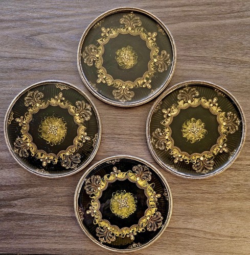 Tizo Jeweled Ornate Coaster Black Gold Crystal Enamel Set Of 4 | eBay