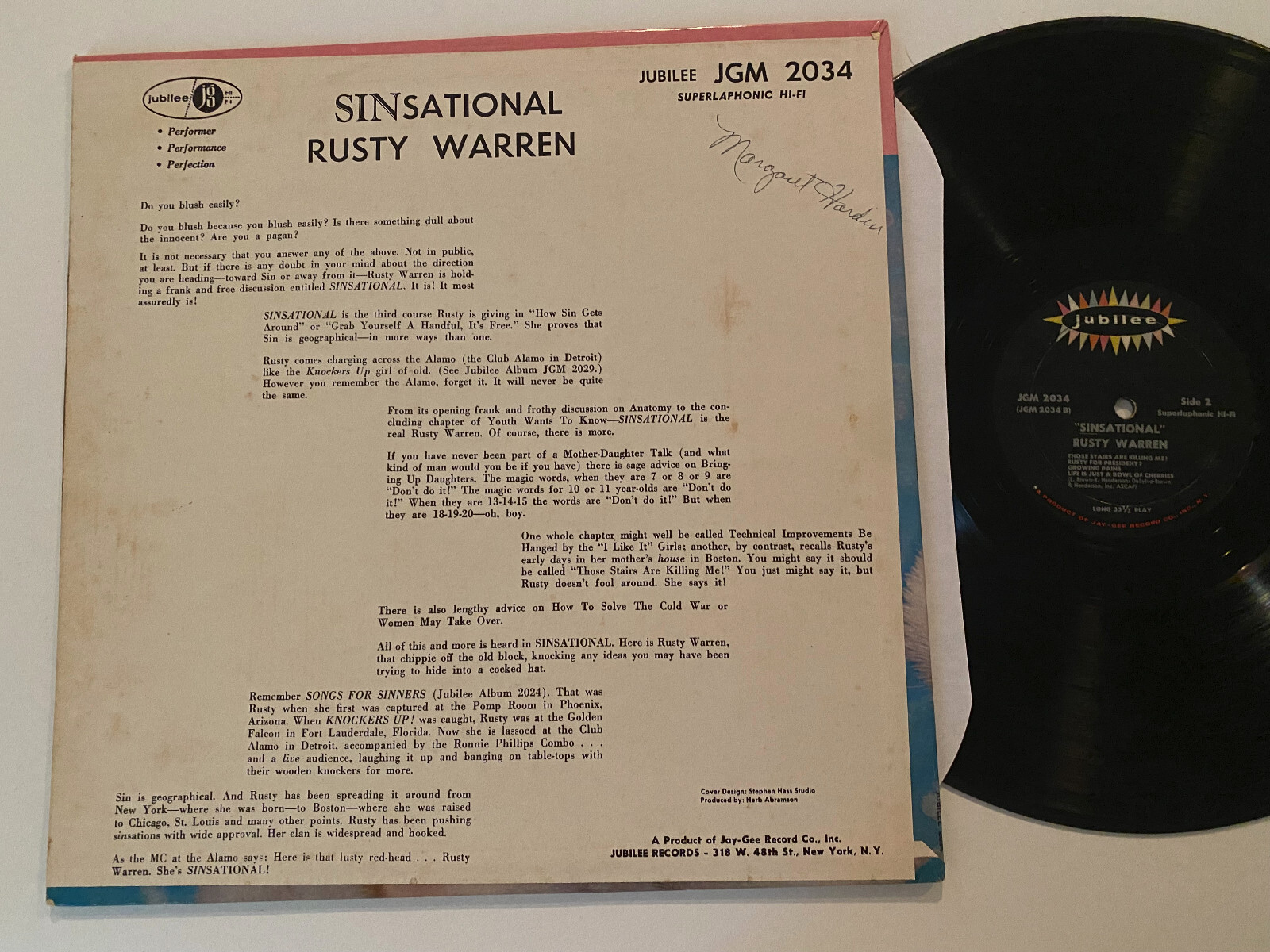 RUSTY WARREN LP SINSATIONAL 1961 JUBILEE JGM 2034 MONO SUPERLAPHONIC ...