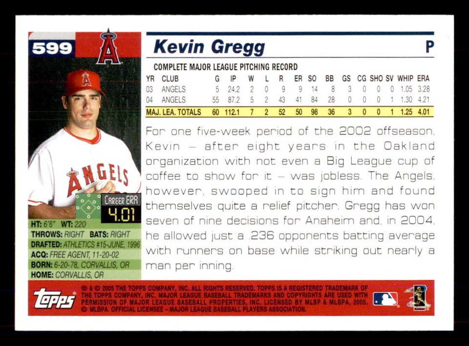2005 Topps #599 Kevin Gregg Los Angeles Angels | eBay