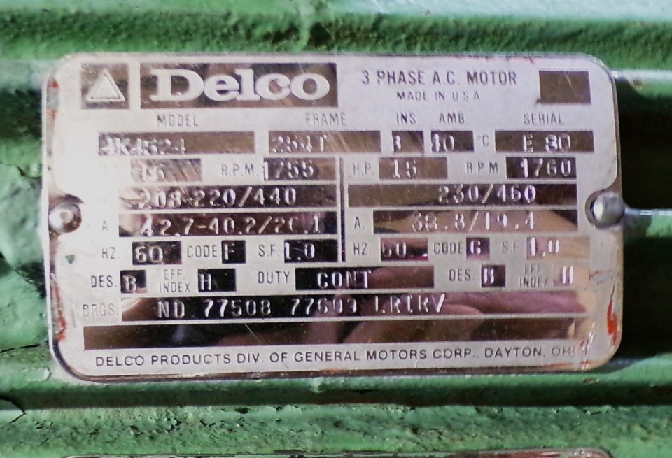 Delco 4K4524 15hp AC Motor 254T Frame 1760rpm 230/460v 60hz Used Take ...