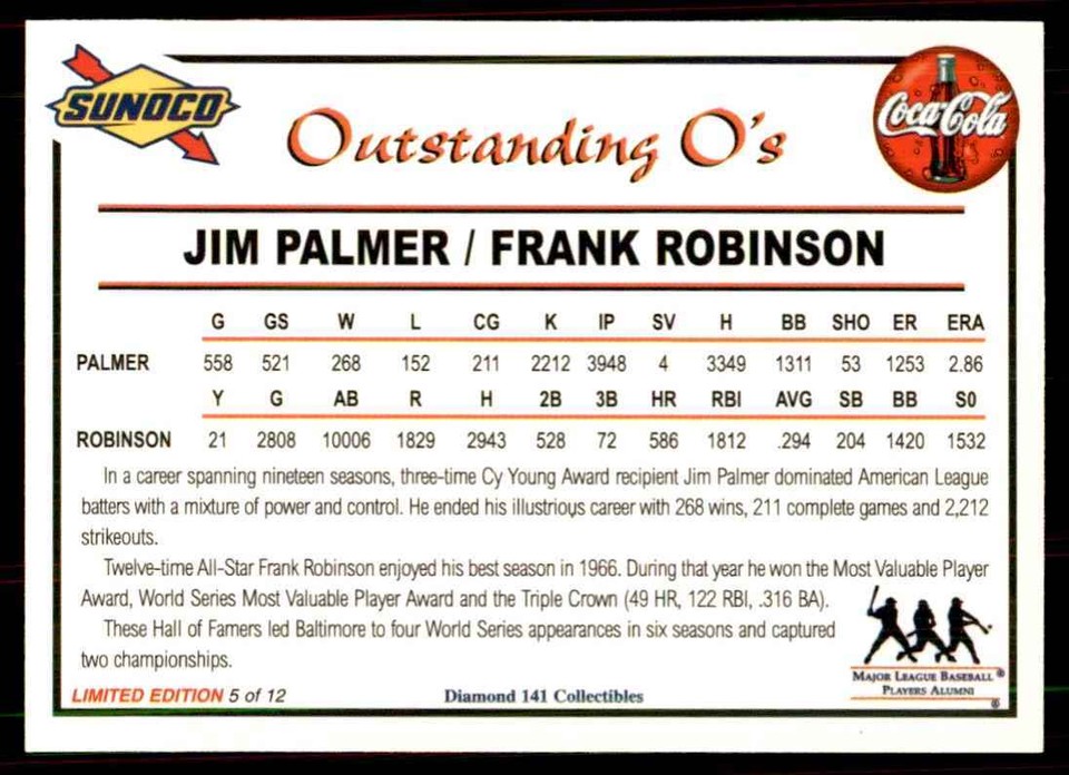 2001 Sunoco Dream Team Jim Palmer/Frank Robinson 101 Baseball Cards #5 ...