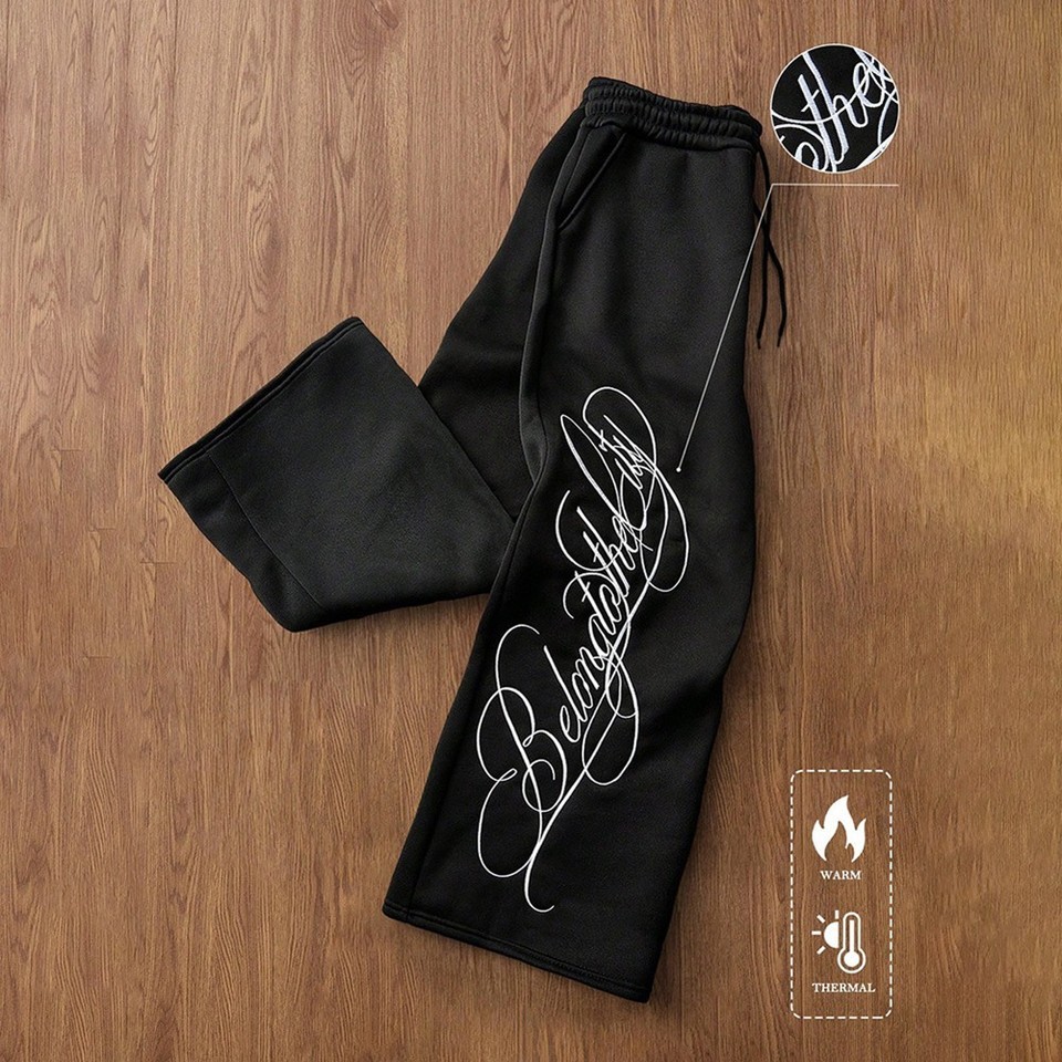Men Black or Gray Trousers with Letter Design Loose Straight Leg ...