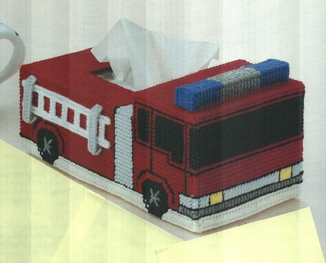 FIRE ENGINE TISSUE BOX COVER HOME DECOR PLASTIC CANVAS PATTERN ...