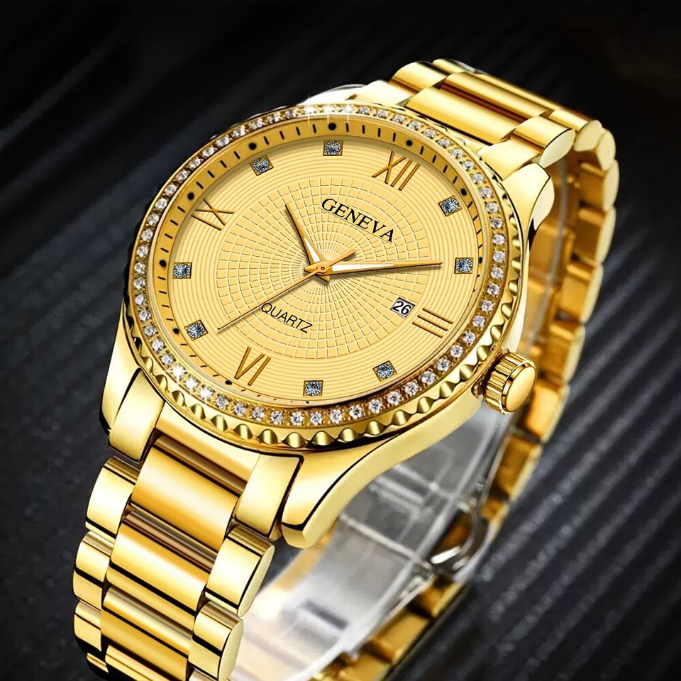 Men's Diamond Quartz Watch Business Gift Waterproof Gold Classic ...