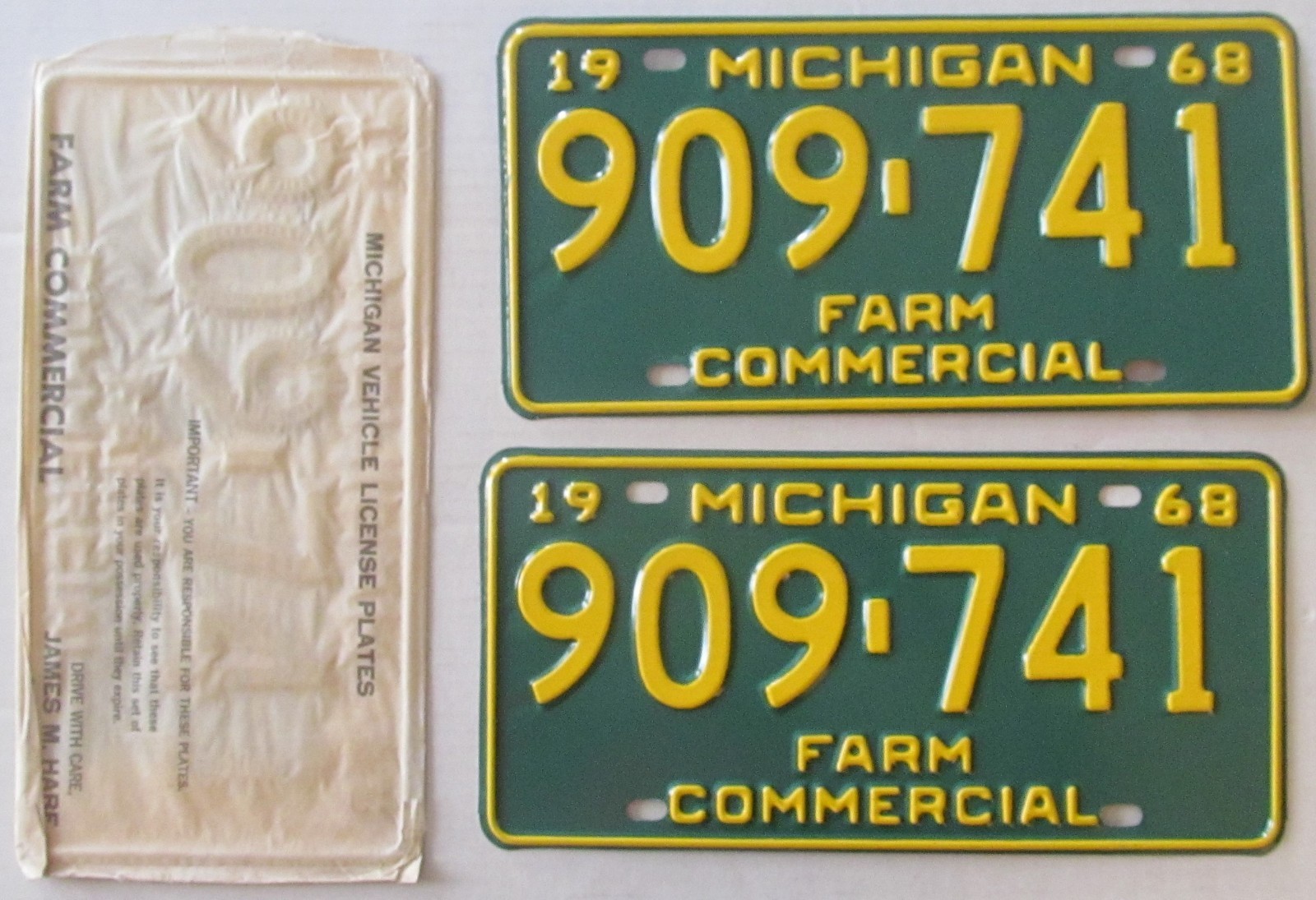 Michigan 1968 FARM COMMERCIAL License Plate PAIR - SUPERB QUALITY # 909 ...