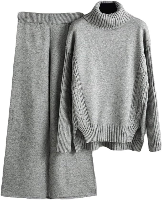 Women's Casual 2 Piece Knit Sweater Pants Set Turtleneck Jumper Wide ...