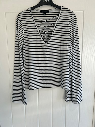 Primark White & Navy Striped V - Neck Top Size: 10 | eBay