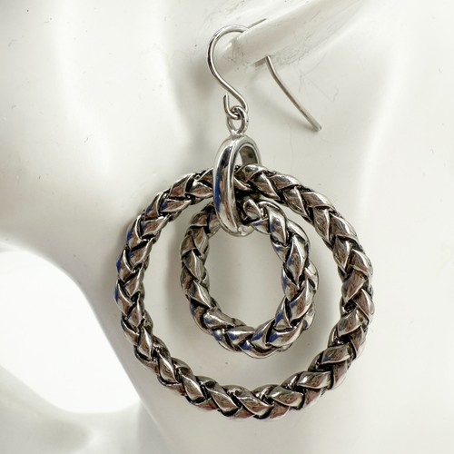 Ralph Lauren RLL silver metal Double Hoop Earrings woven braid rope ...