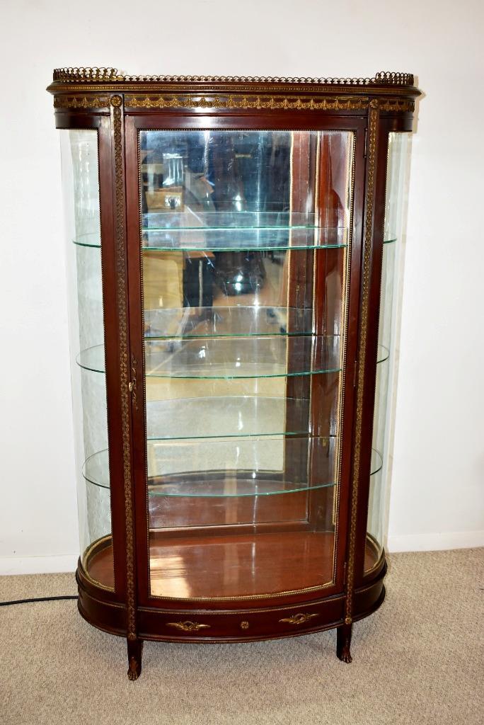 Antique Curio Cabinet Curved Glass Antique French Louis XVI Mahogany