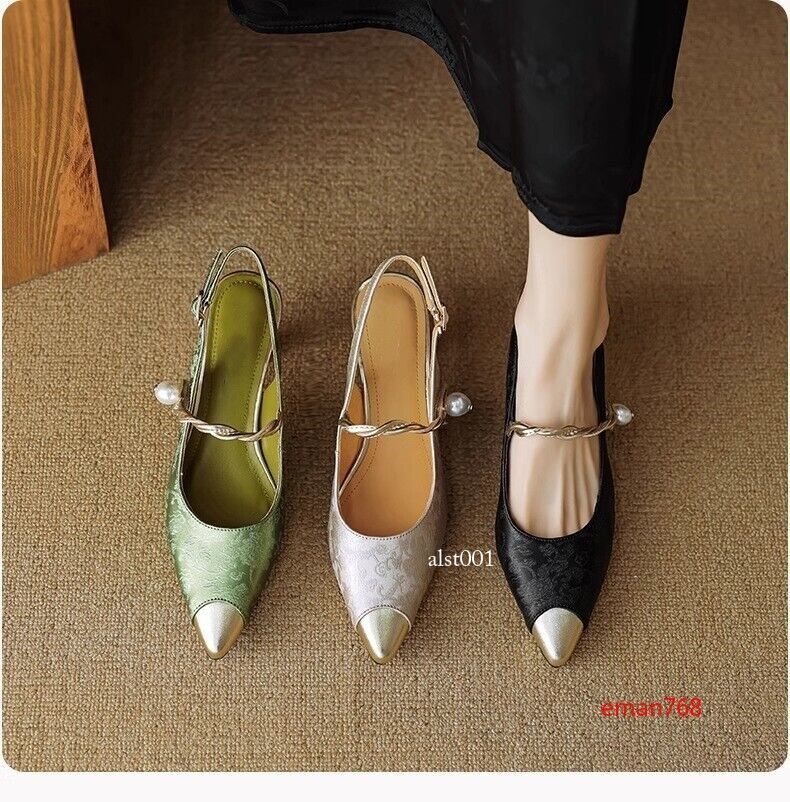Women Chinese Style Pointed Toe Sandals Summer Kitten Heel Slingback ...
