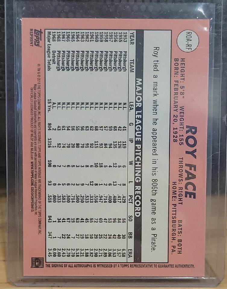 ROY FACE TIGERS AUTO 2018 18 TOPPS HERITAGE REAL ONE BLUE INK ON CARD ...