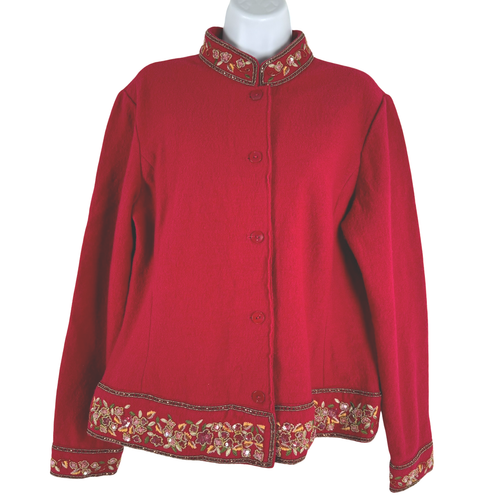 Talbots Boiled Wool Jacket Large Red Floral Embroidered Sequins NWT CJ ...