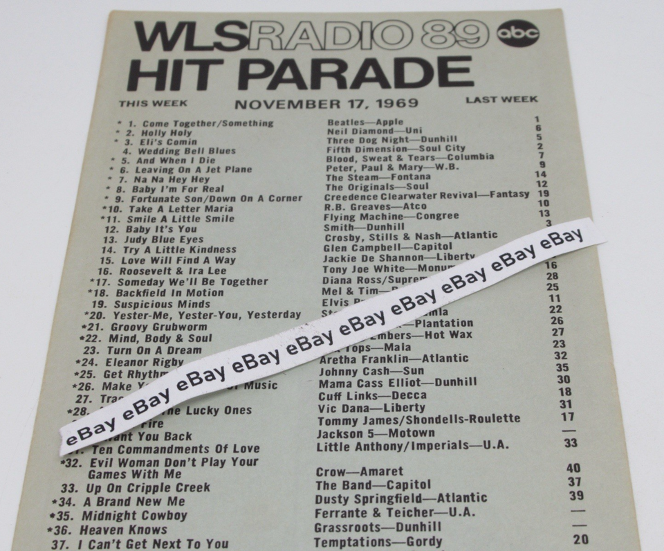 WLS Radio 89 Chicago TOP 45 Survey NOV 17, 1969 #1 Single Beatles Come ...