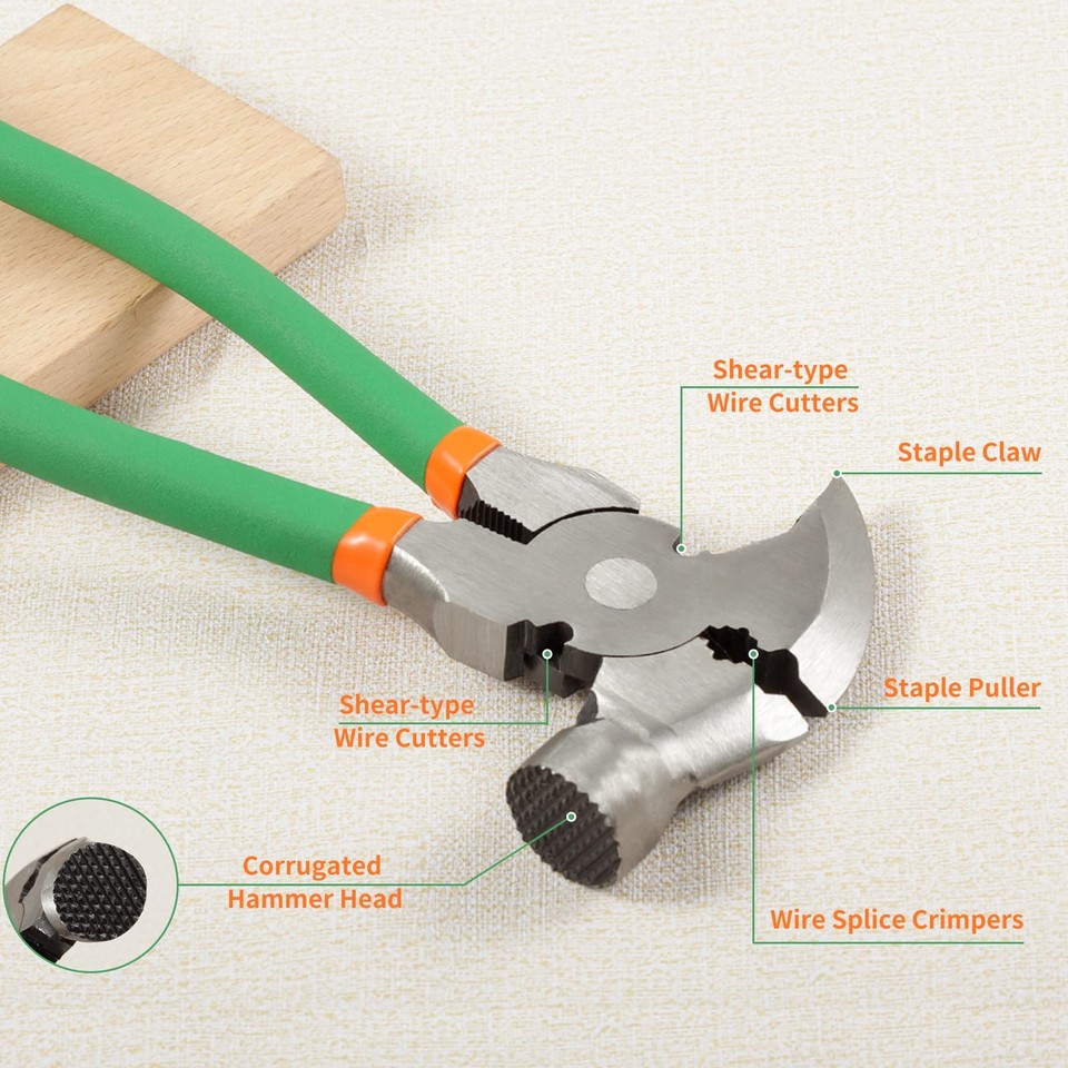 10 Inch Fencing Pliers with Hammerhead Staple Puller - Multi Purpose ...