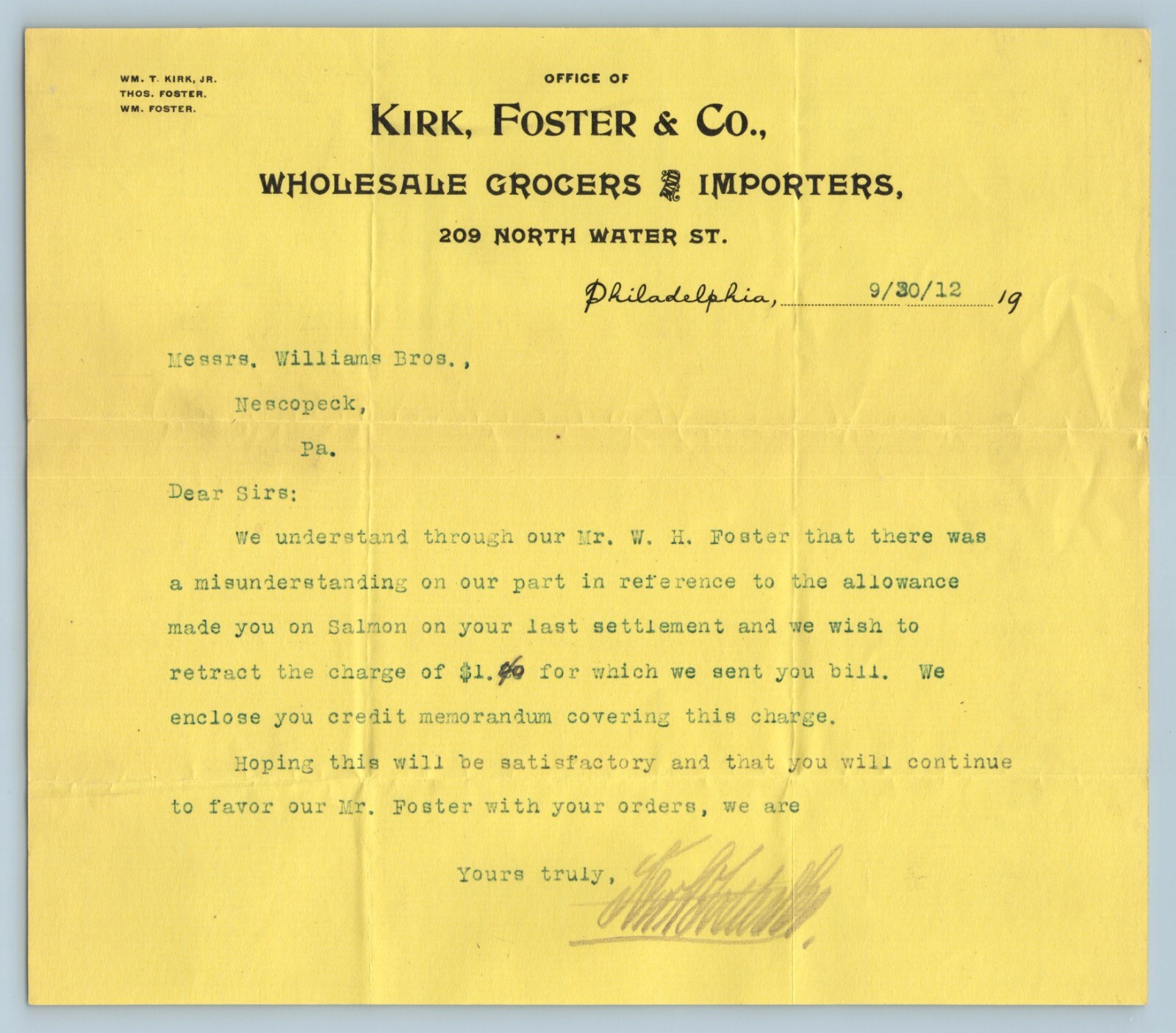 Ephemera BILLHEAD RECEIPT Kirk Foster & Co Grocers Importers Phila PA 9 ...