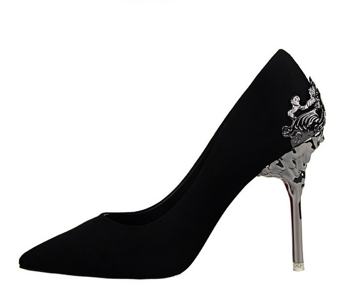 Women Black Metal Carving Heels Pumps Pointed Toe Stilettos Bridal ...