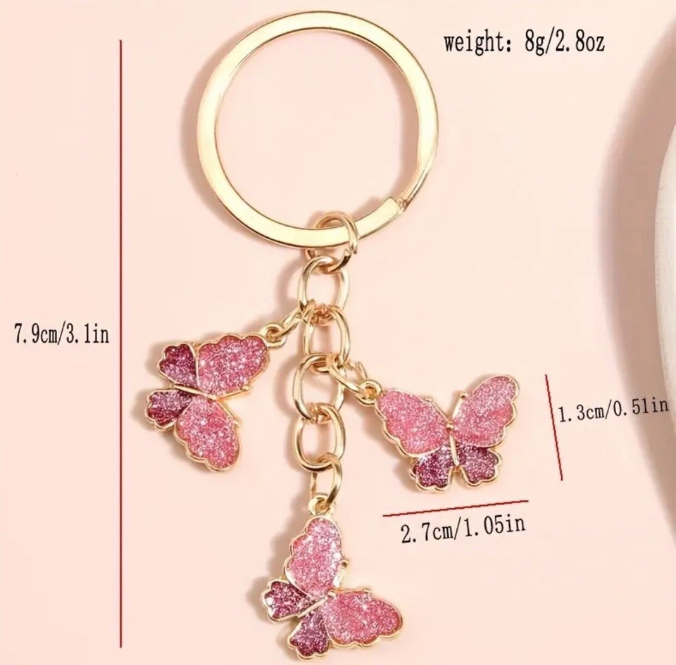 Gold & Pink GLITTER Butterfly Key Ring Enamel Key Chains Women Girls ...