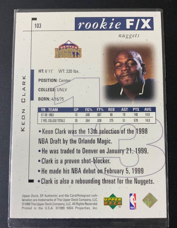 KEON CLARK 1998-99 SP AUTHENTIC ROOKIE CARD RC # 2636/3500 SP DENVER ...