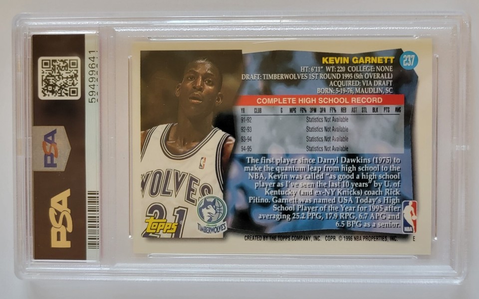 1995 Topps #237 Kevin Garnett Rookie Card RC Hall of Fame PSA 9 MINT | eBay