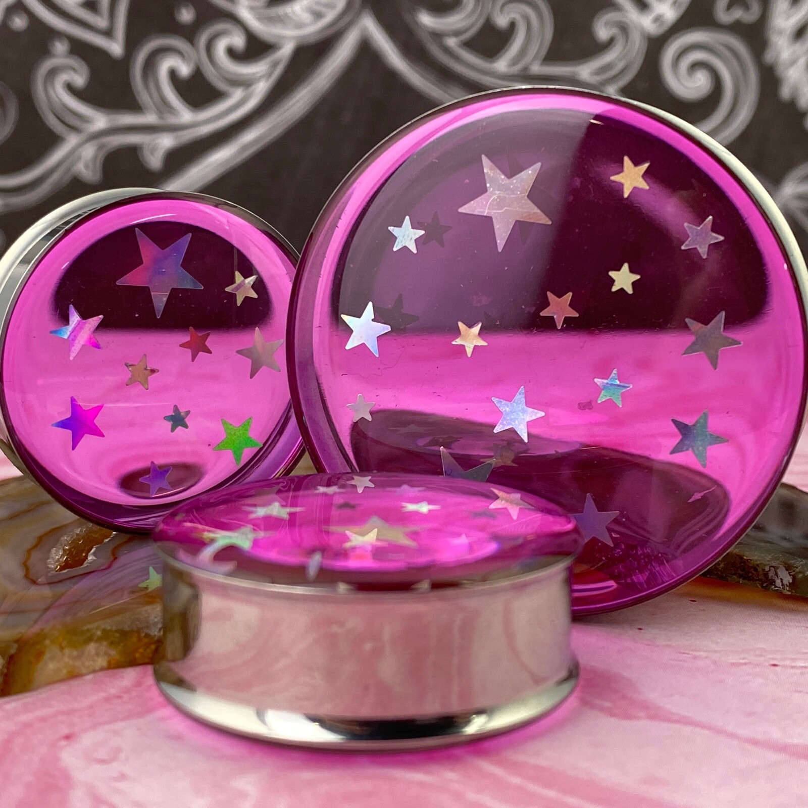 Pair of Pink Resin Plugs with Holographic Stars (MTO-050) gauges | eBay