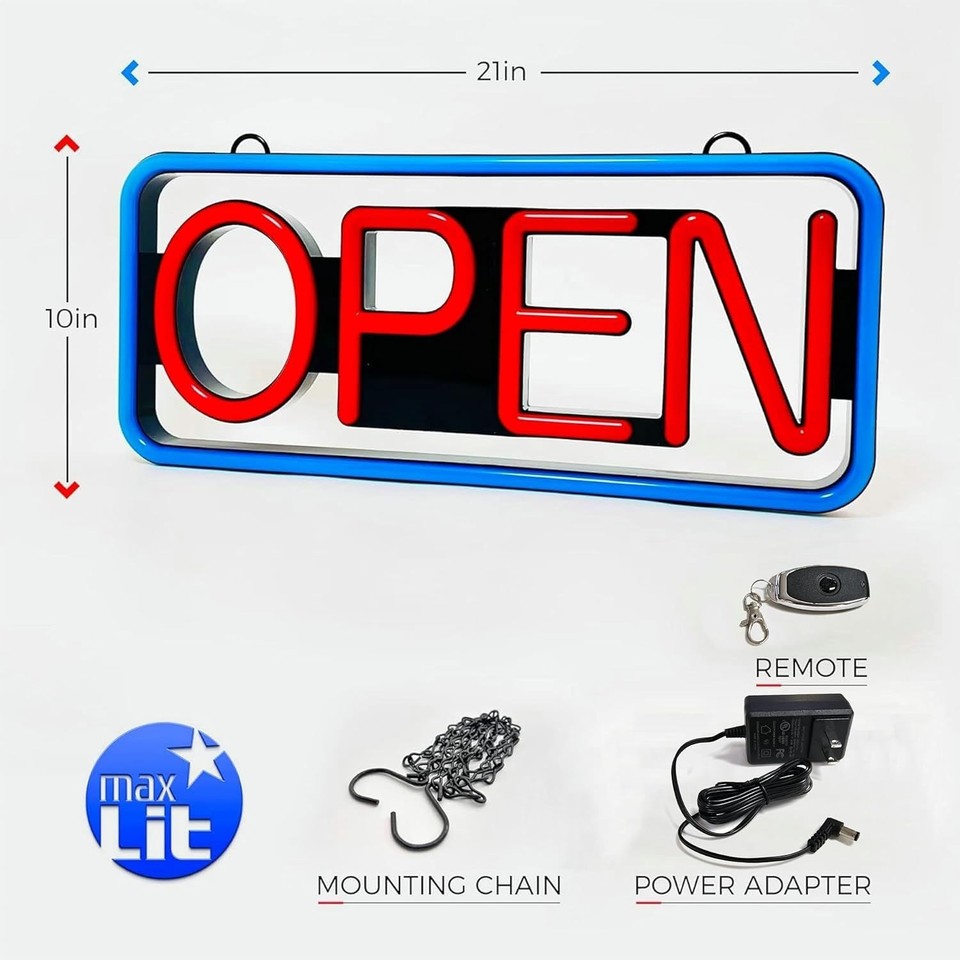 Outdoor Use 21'' x 10'' Remote-Controlled LED Open Sign - Energy Saving ...