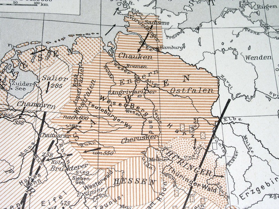 1938 ORIGINAL VINTAGE OF MAP FRANKISH EMPIRE FRANKS MEDIEVAL GERMANIC ...