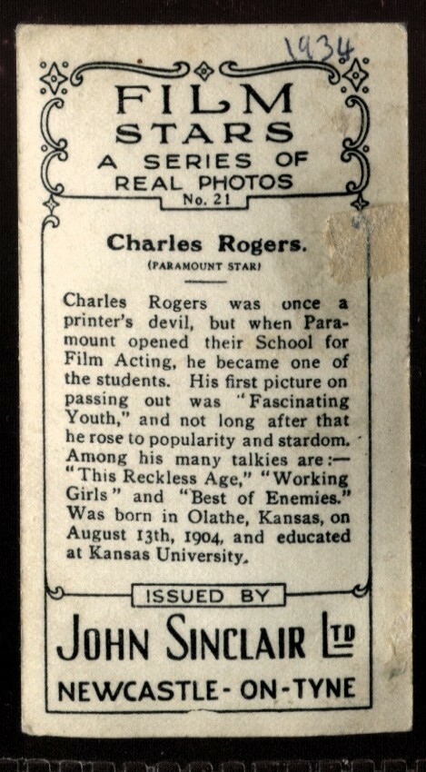 John Sinclair, FILM STARS, Series of Real Photos, 1937, Charles Rogers ...