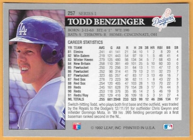 1992 Leaf - #257 Todd Benzinger for sale online | eBay