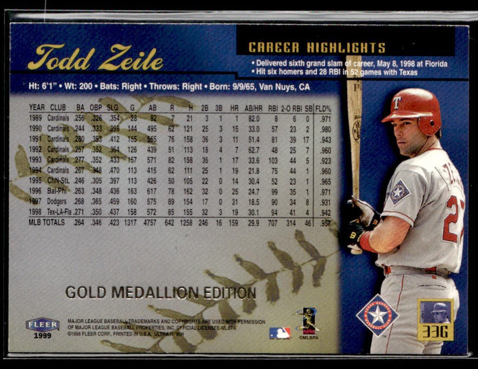1999 Ultra #33G Todd Zeile Gold Medallion Baseball Card 2002A | eBay