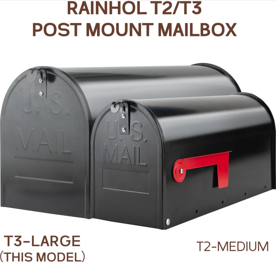 Large Black Metal Mailbox Galvanized Steel Post Mount T3 Capacity Fast ...