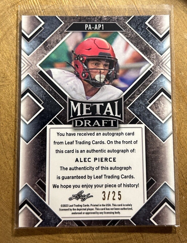 ALEC PIERCE - 2022 Leaf Metal Rookie Autograph #’d 03/25 #PA-AP1 Colts ...