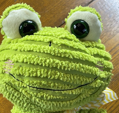 HUG FUN Stuffed CHENILLE Green Frog Plush 15” Yellow Chevron Ribbon ...