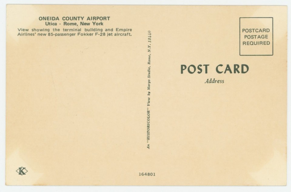 NY Oneida County Airport Utica Rome Empire Airlines Airplane Postcard ...
