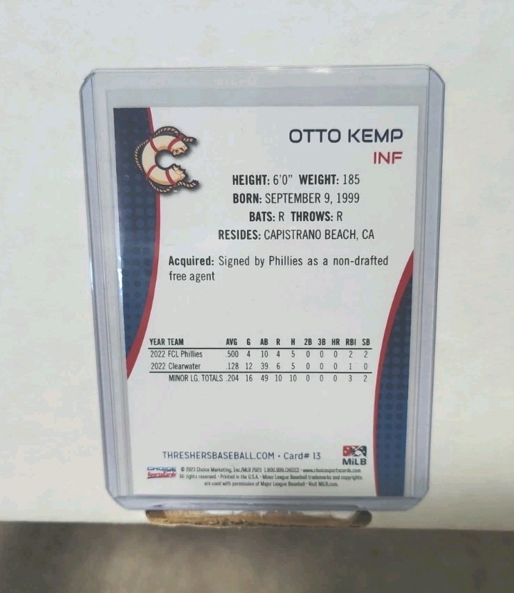 2023 Clearwater Threshers Otto Kemp Rc Minor League Rookie Philadelphia Phillies | eBay