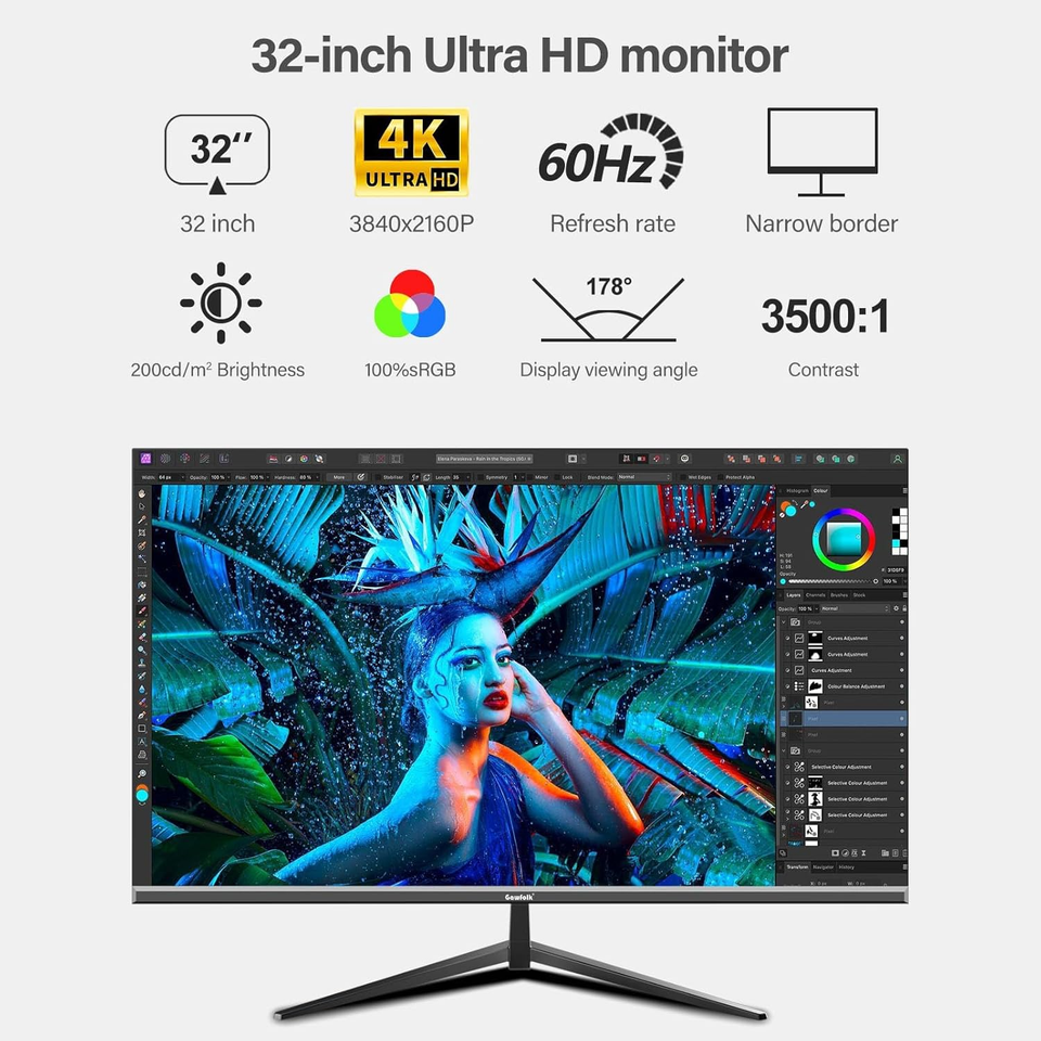 Gawfolk 32 Inch 4K PC Monitor, UHD 3840 X 2160P 60HZ Computer Monitors ...