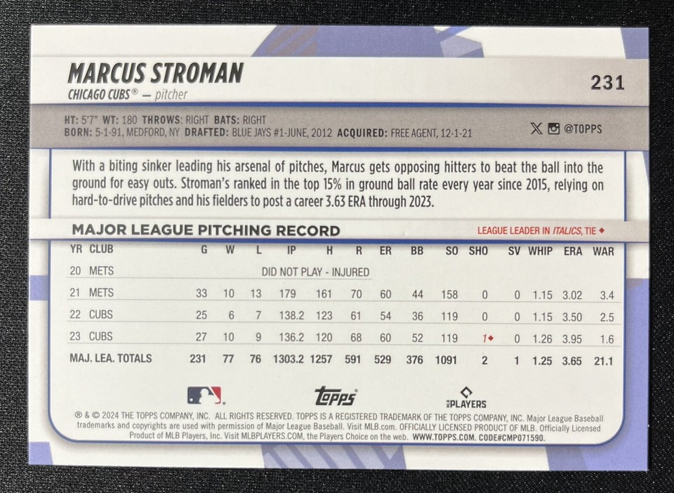 2024 Topps Big League Uncommon Foil Marcus Stroman #231 Chicago Cubs | eBay