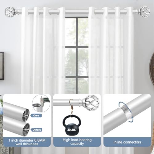 Silver Curtain Rods for Windows 66 to 120 Inch1 Inch Adjustable Long ...