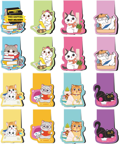 Cute Cat Magnetic Bookmarks: 16 Pcs Cute Cartoon Cat Magnet Book Page ...