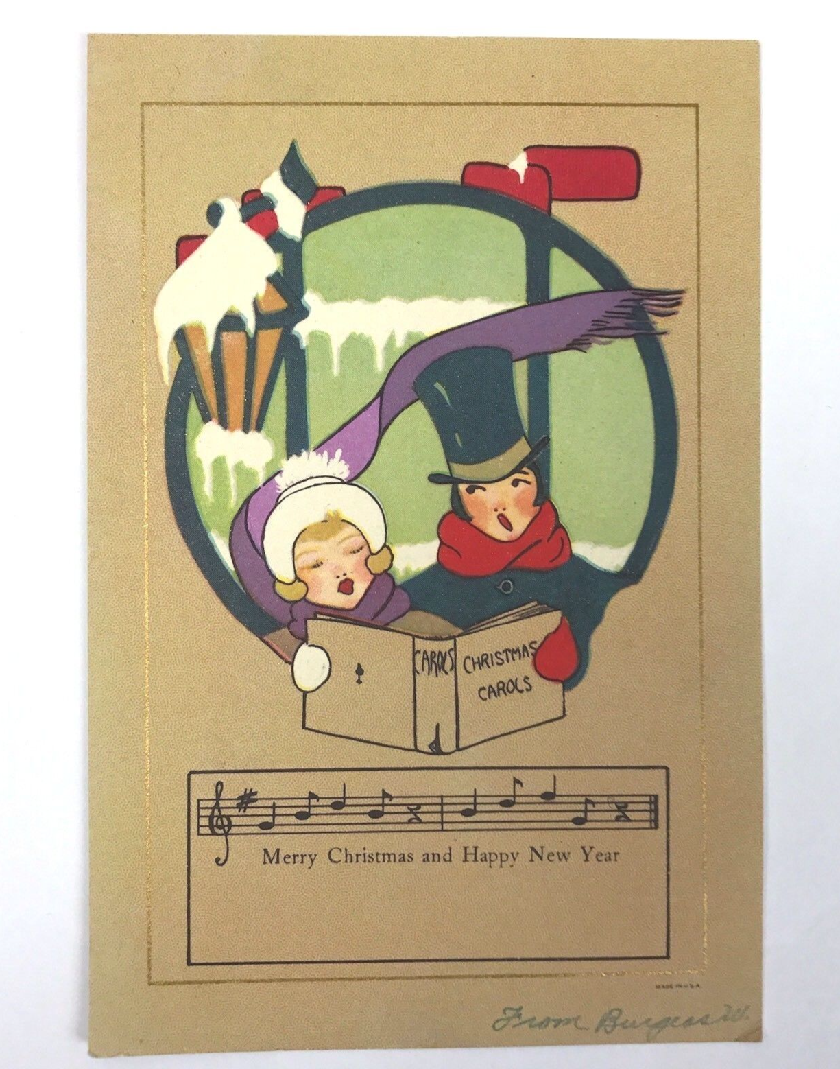 Vintage Christmas Greeting Card Used Antique Art Deco Caroler Caroling ...